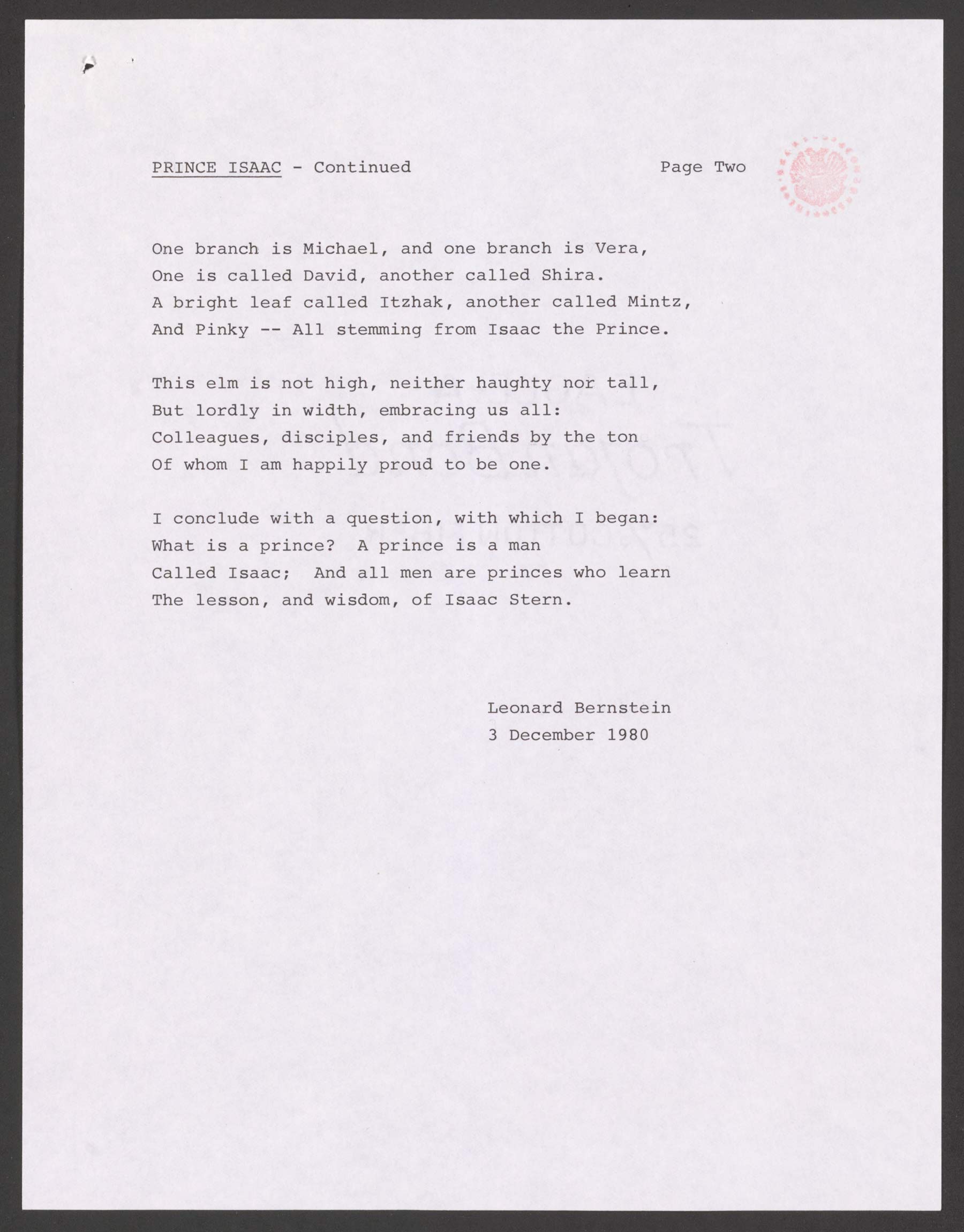 Prince Isaac: A Poem by Leonard Bernstein for Isaac Stern | Classical.org